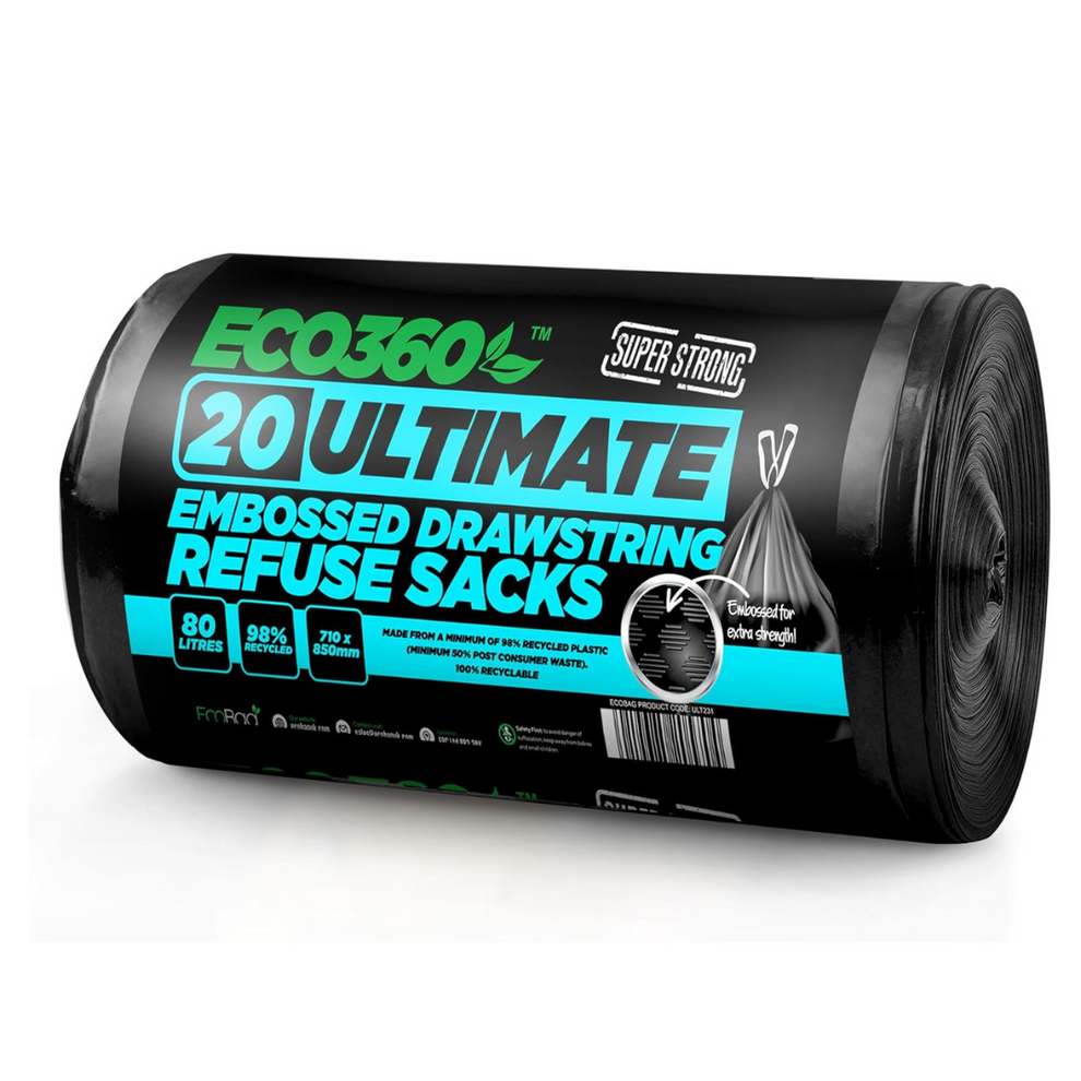 20 x Eco Ultimate Embossed Black Drawstring Bin Liners 80L ...